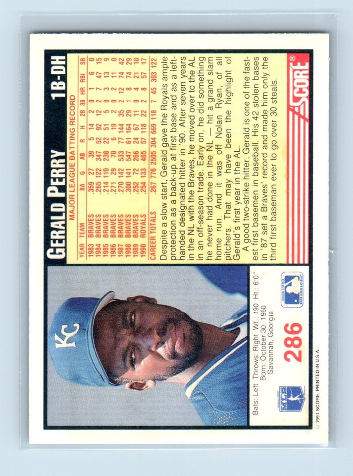 1991 Score Straight from the Pack Gerald Perry Kansas City Royals #286 ...