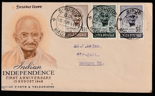INDIA 15.08.1948 GANDHI 1st ANN. OF INDEPENDENCE SHORT SET FDC SIRUGUDI ...