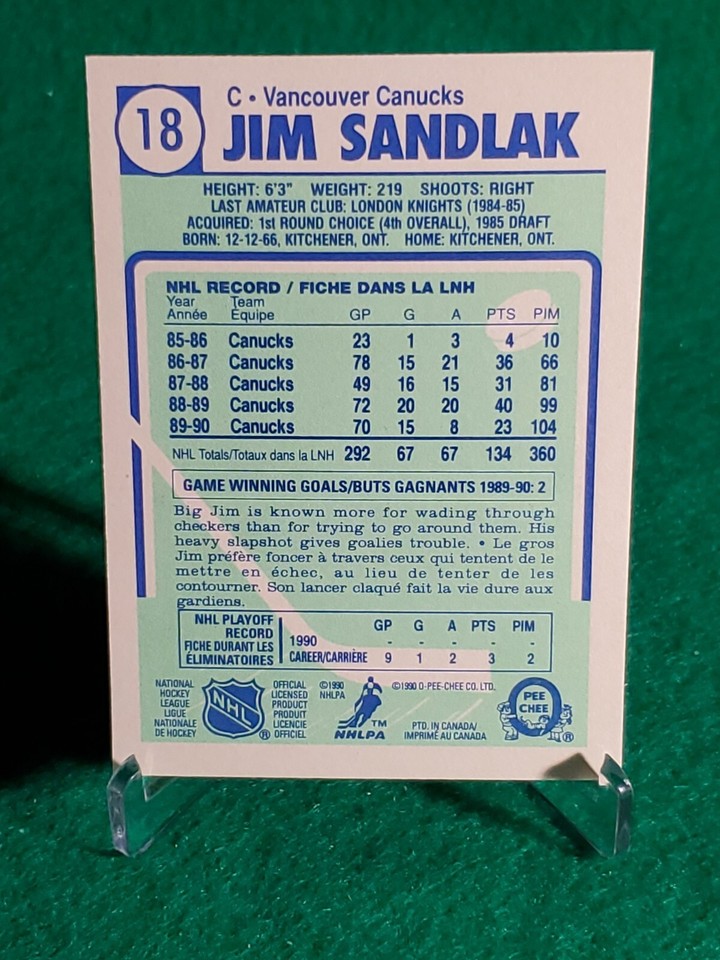 1990-91 O-Pee-Chee Canucks Hockey Card #18 Jim Sandlak | eBay