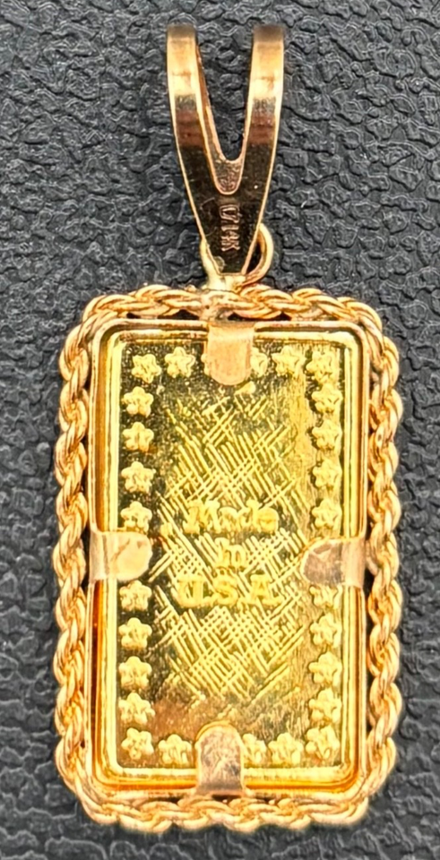 Vintage 1 Gram .9999 American Gold Bullion Bar 14kt Gold Rope Bezel w ...
