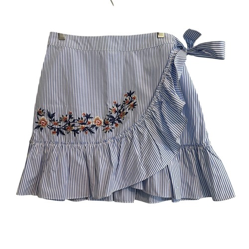 Striped Wrap Skirt Floral Embroidered Ruffle Hem Tie Waist Mini ...