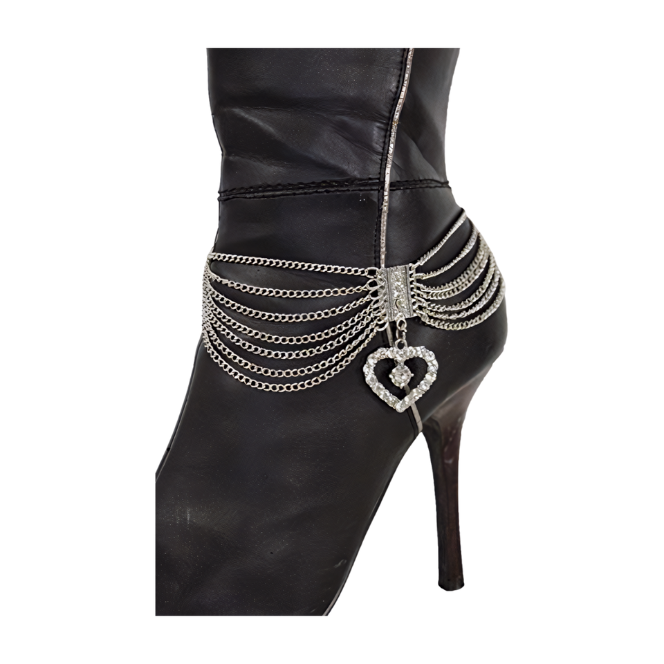 Women Silver Metal Chain Boot Bracelet Shoe Anklet Heart Charm Love ...