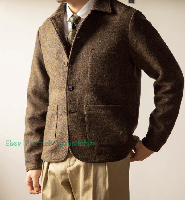 Work Jacket Winter Warm Men's Wool Tweed Coat retro Casual Pockets Top ...