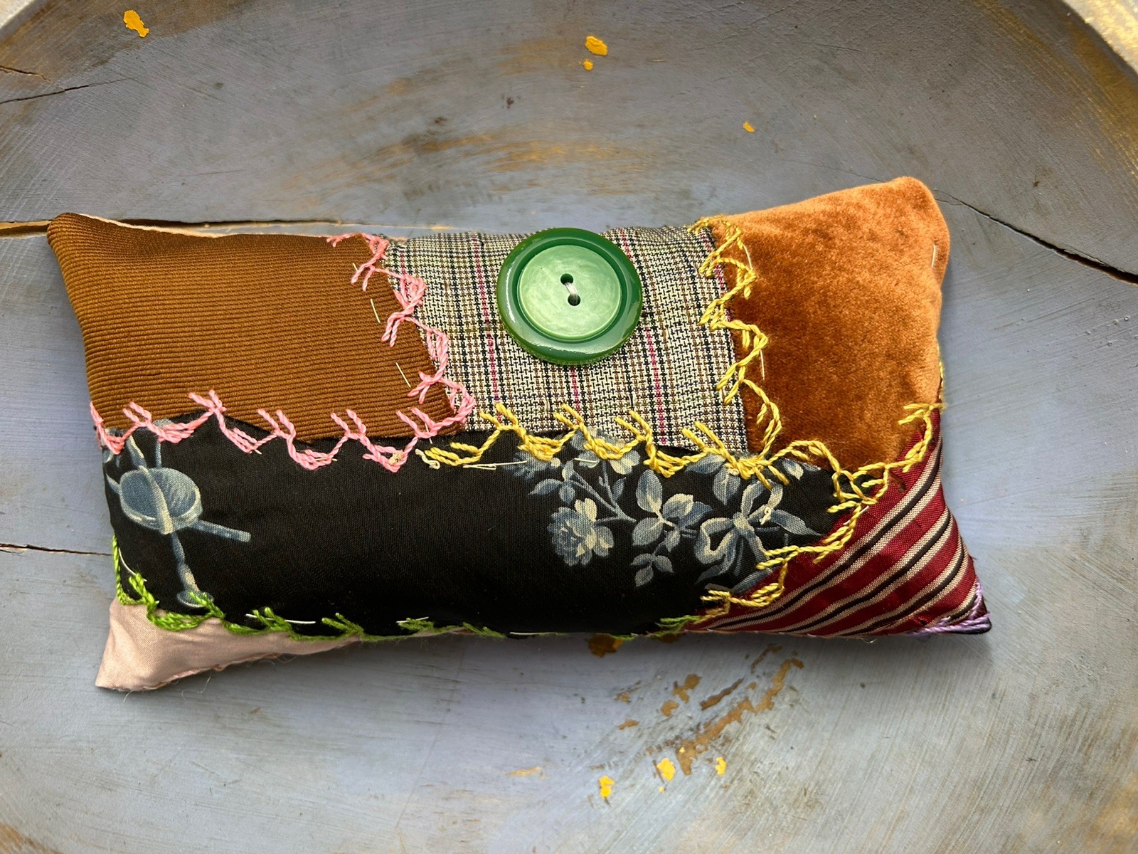 Primitive Stitchery Antique Crazy Quilt Pillow Ornie Tuck Christmas ...