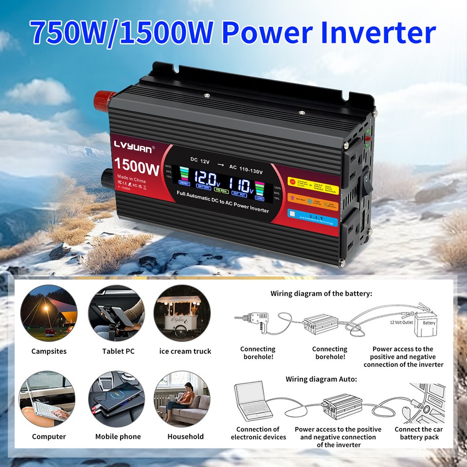 750W 1500W Car Power Inverter DC 12V to AC 110V Converter With LCD 2USB ...