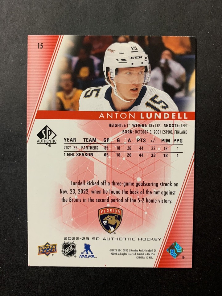 Anton Lundell 2022-23 Upper Deck SP Authentic Red Limited Parallel #15 ...