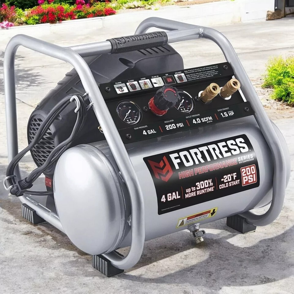 4 Gallon Jobsite Air Compressor 1.5 HP 200 PSI Ultra Quiet Oil Free ...