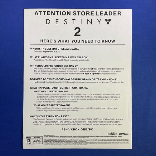 Destiny 2 Bungie Pre-Release Sales Sheet 8.5"x11" Activision Video Game ...