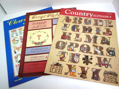 ALPHABET Country Script AND Clown Cross Stitch Pattern LOT ABCs Letters ...