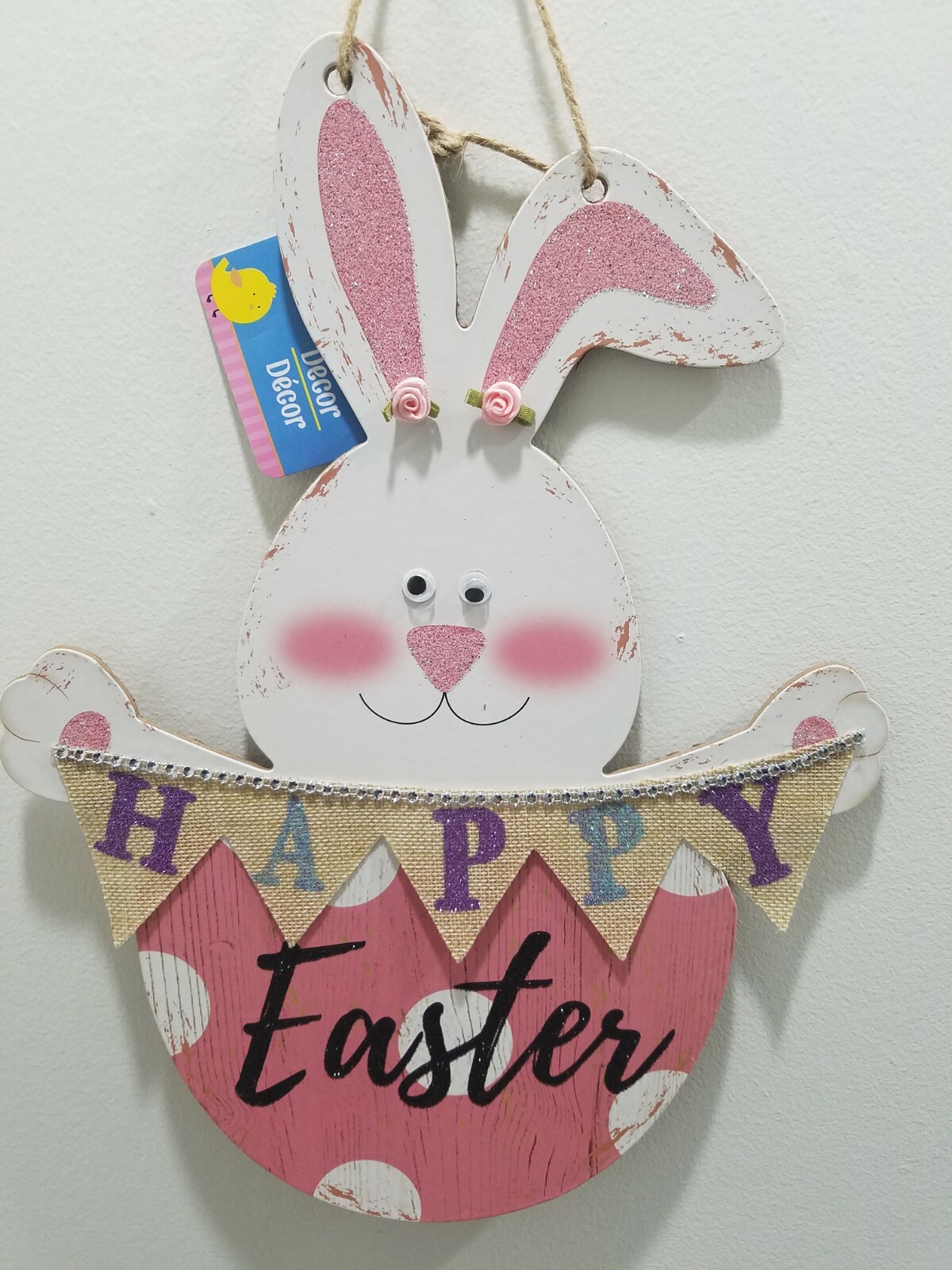 Happy Easter Wood Wall Signs Glittery Colorful Hanging Decor Bunny ...