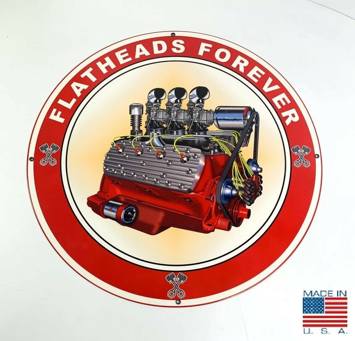 Vintage Ford Flatheads Forever Motor Metal Sign - Red (18" in Diameter ...