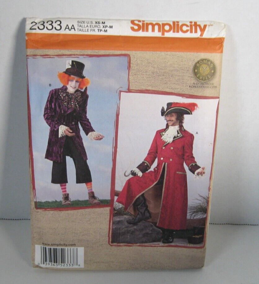 Simplicity 2333 Captain Hook, Mad Hatter Adult Costume Pattern XS-M (30 ...