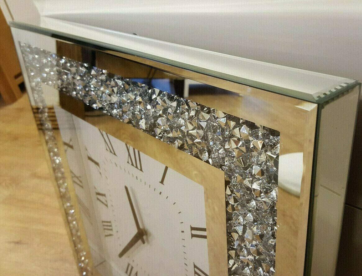 Large Diamond Crush Silver Crystal Sparkly Mirrored Square Wall Clock ...