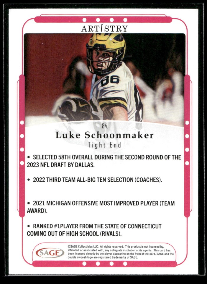 2023 SAGE Artistry Luke Schoonmaker BASE CARD Michigan Wolverines #84 ...