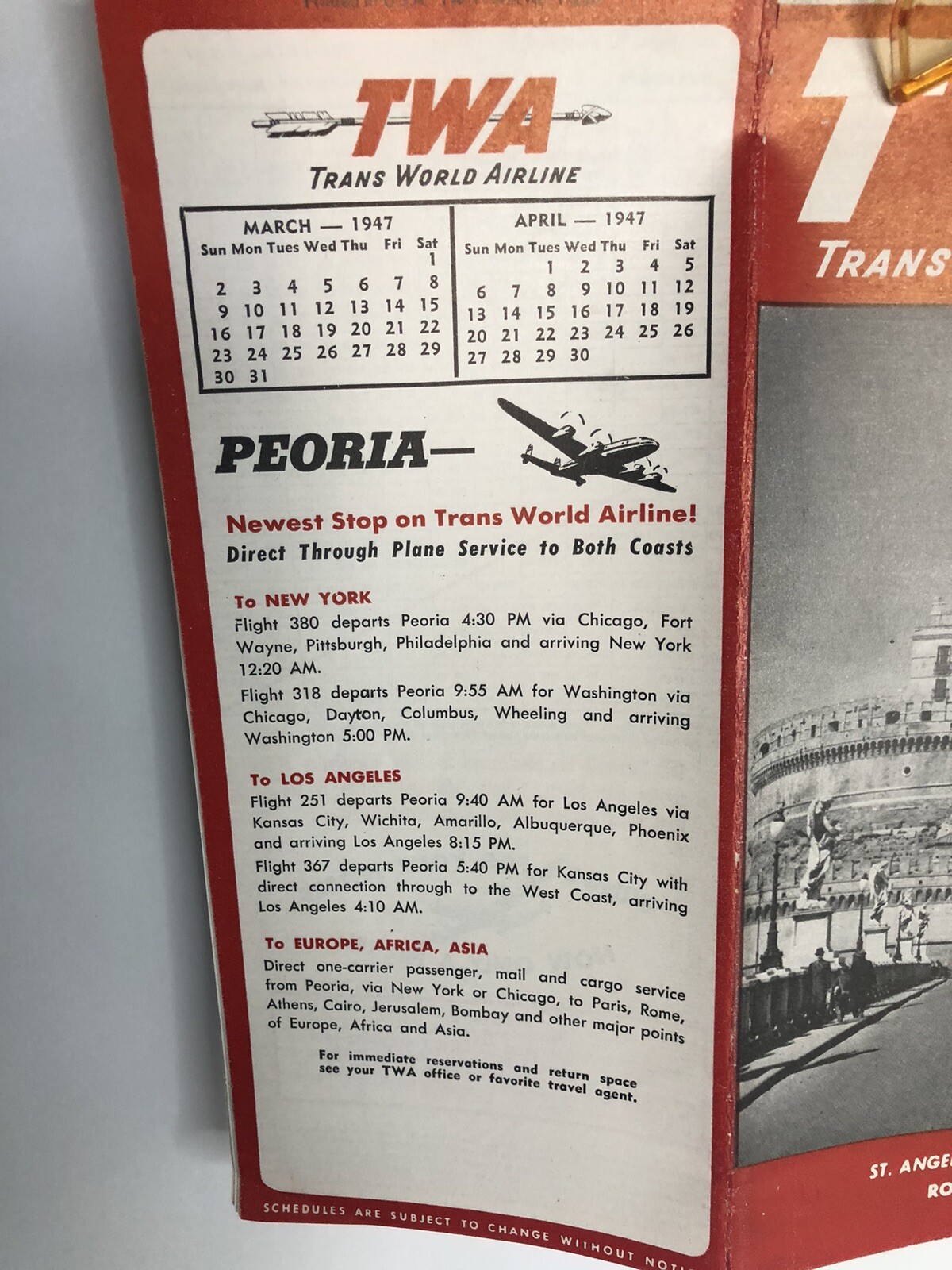 Vintage TWA 1947 Timetable Map brochure St. Angelo Castle Rome 15 pages ...