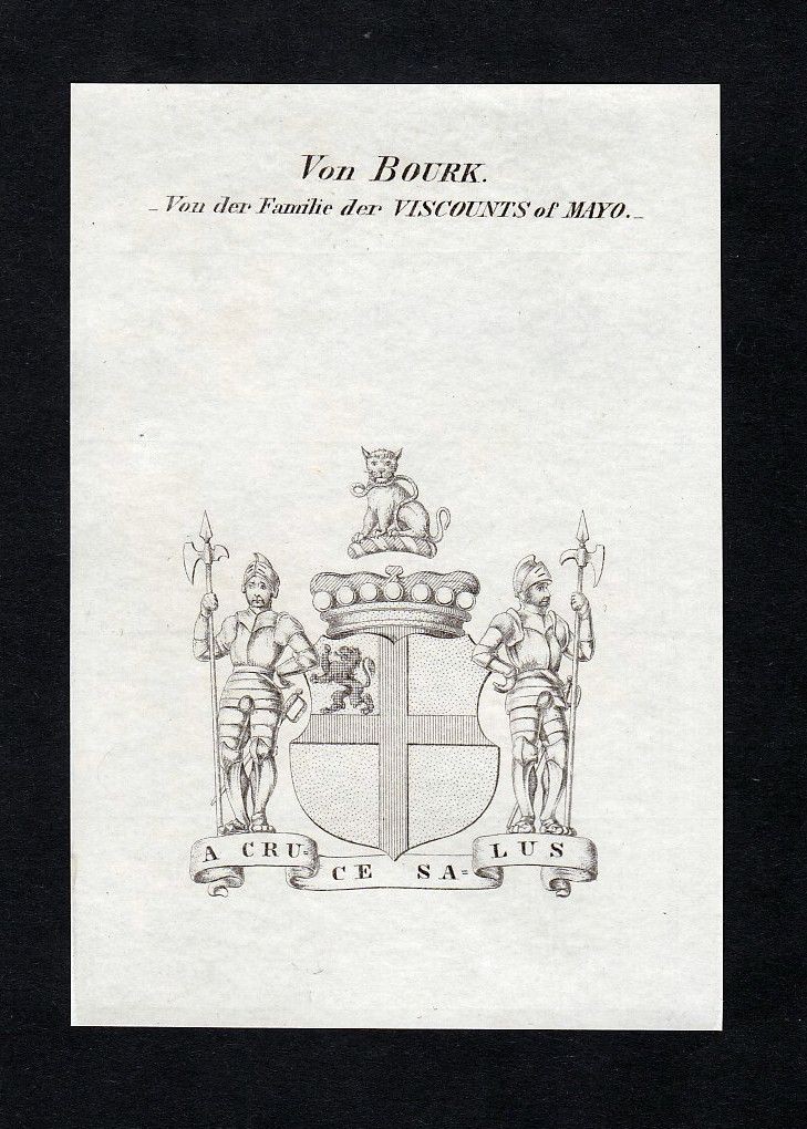 Ca.1820 Tibbot Ne Long Bourke Coat of Arms Nobility Copperplate Antique ...