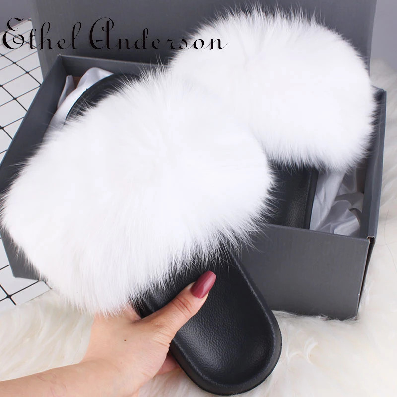 Real Fox Raccoon Fur Slippers Slides Sweet Fuzzy Color New Fluffy Shoes ...