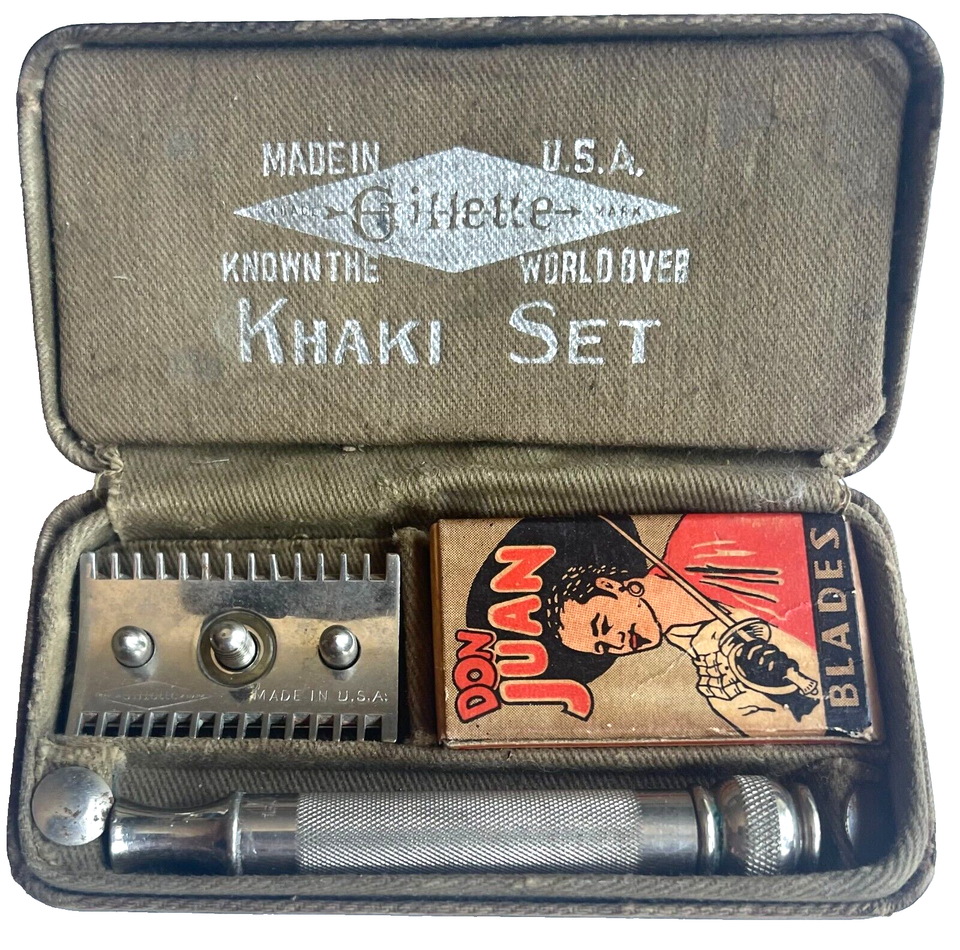 VINTAGE 1918 WW1 GILLETTE US ARMY KHAKI SET SAFETY RAZOR & MIRROR ...