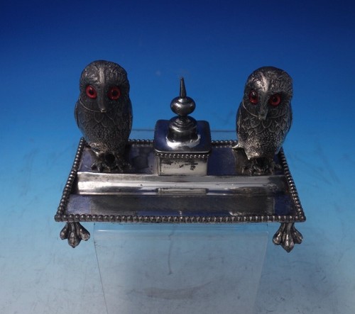 Silverplate Double Inkwell with Owls Glass Eyes 6 1/4" x 4 3/4" c.1910 ...
