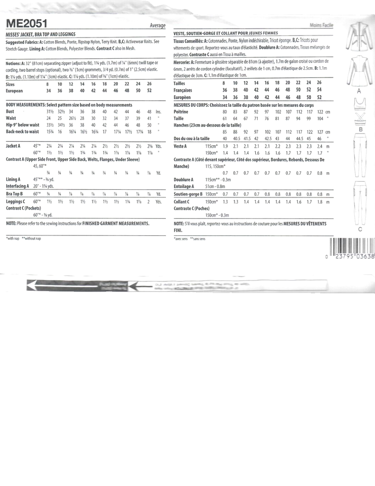 Know Me by mimi G Sewing Pattern ME2051 Misses Jacket Bra Top Leggings ...