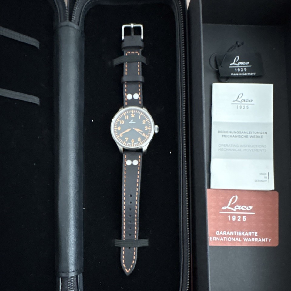 Laco 1925 Pilot/Aviator Black Dial Leather Strap Watch with Box and ...