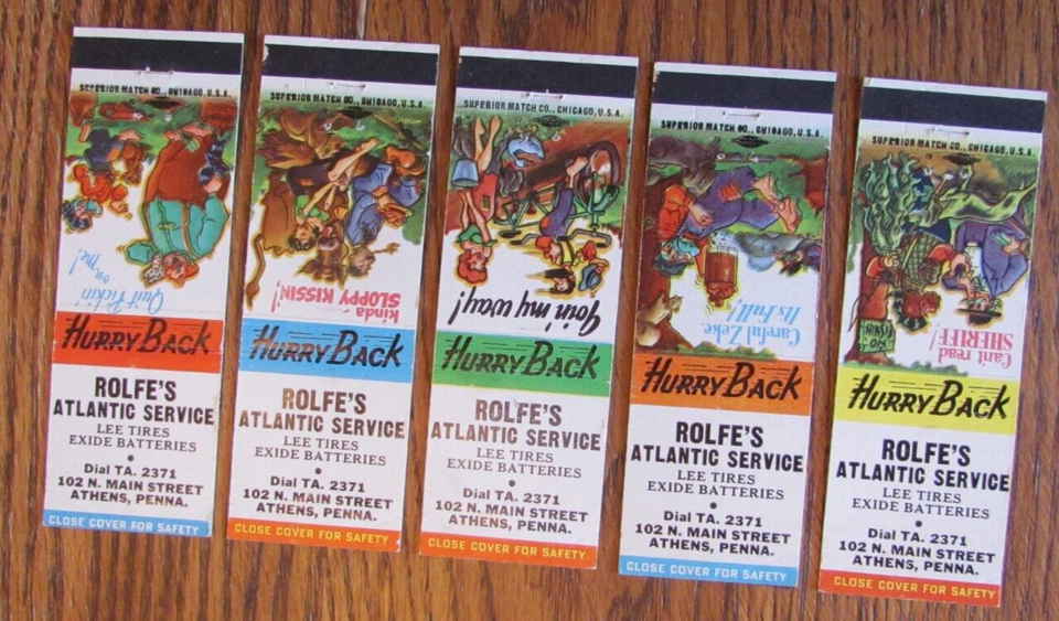 HILLBILLY SET OF 5 MATCHBOOK COVERS: ROLFE'S ATLANTIC GAS STATION ...