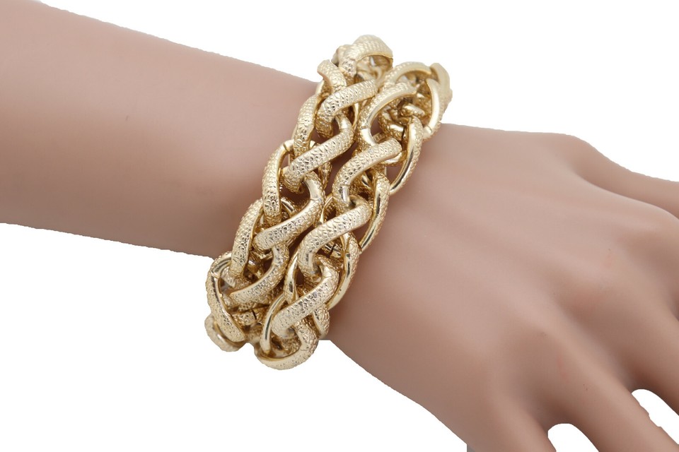 Women Bracelet Gold Textured Chain Links Double Strands Young Fashion ...