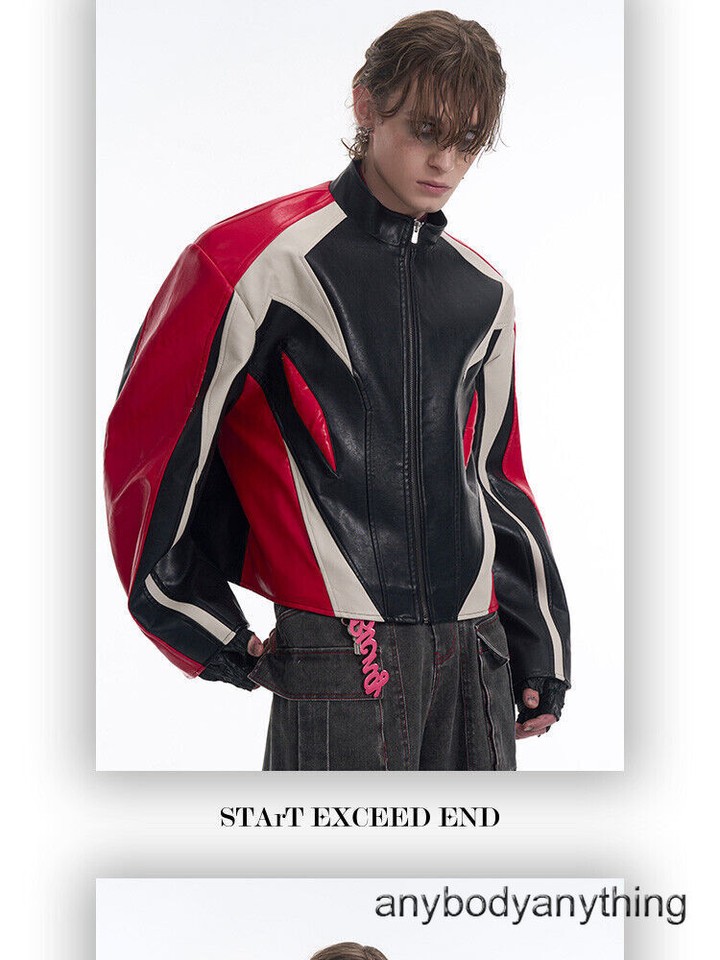 Men Short Standing Collar Leather Jacket Spring Splicing Motorcycle ...
