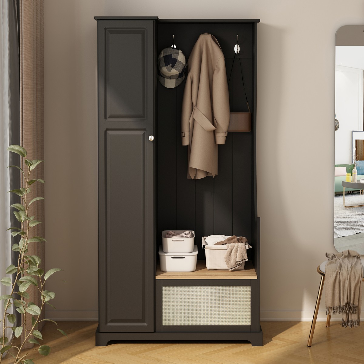 Entryway Wooden Hall Tree Shoe Storage Bench Coat Rack Costway 3 In 1