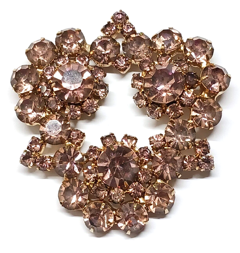 Vintage Rhinestone Brooch Mauve Pink Flower Florets Open Triangle Pin ...