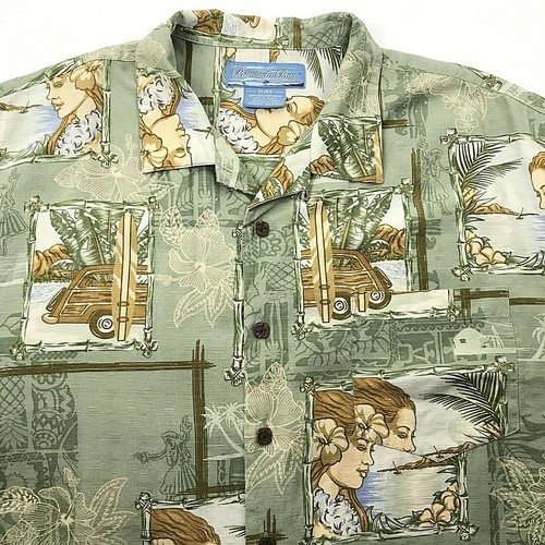 BERMUDA BAY 100% Silk XL Vintage Hawaiian Shirt Hula Girl Woody Surf ...