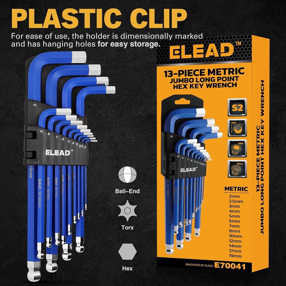 ELEAD Jumbo Hex Key Allen Wrench Set | 13-Piece Metric 2-19mm | Long ...