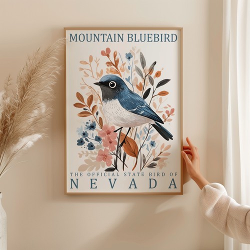 Mountain Bluebird Poster | Nevada State Bird Illustration Satin Wall ...