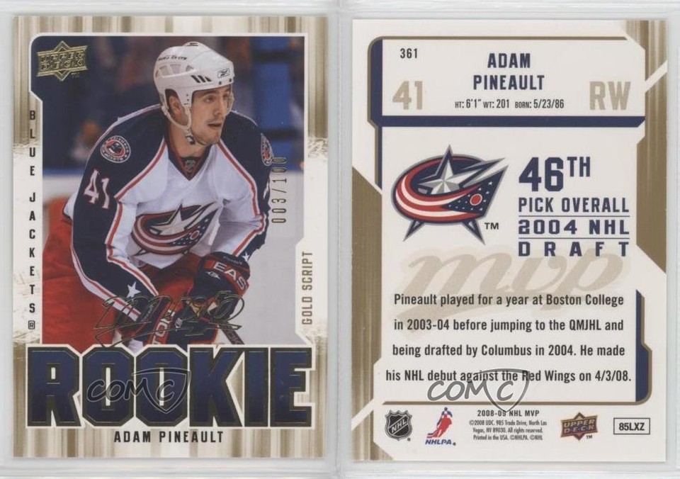 2008-09 Upper Deck MVP Gold Script 3/100 Adam Pineault #361 Rookie RC ...