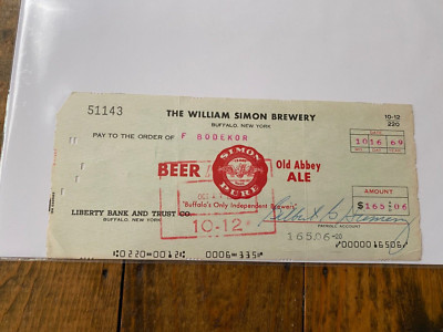 October 16, 1969 The William Simon Brewery Buffalo, New York Cancelled Check | eBay