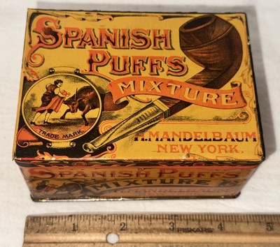 ANTIQUE SPANISH PUFFS MIXTURE TIN LITHO TOBACCO CAN BULL MATADOR H ...