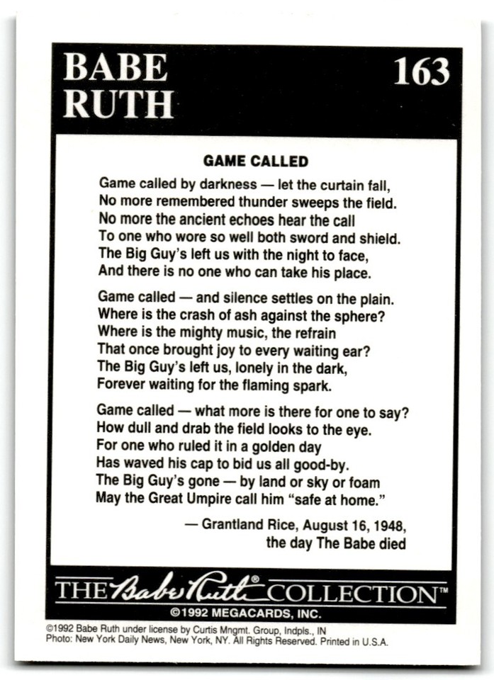1992 Megacards Babe Ruth Being Remembered by Grantland Rice New York ...
