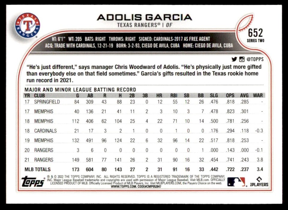 Adolis Garcia 2022 Topps Series 2 All Star Rookie Cup Card #652 Texas ...