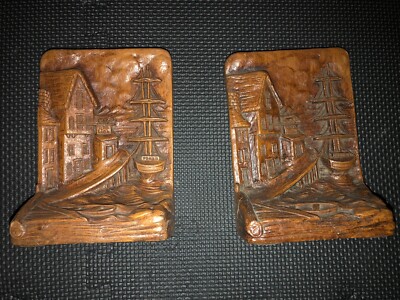 (2) Vintage Syroco Wood Bookends Nautical Wharf Scene Tall Ship Harbor ...