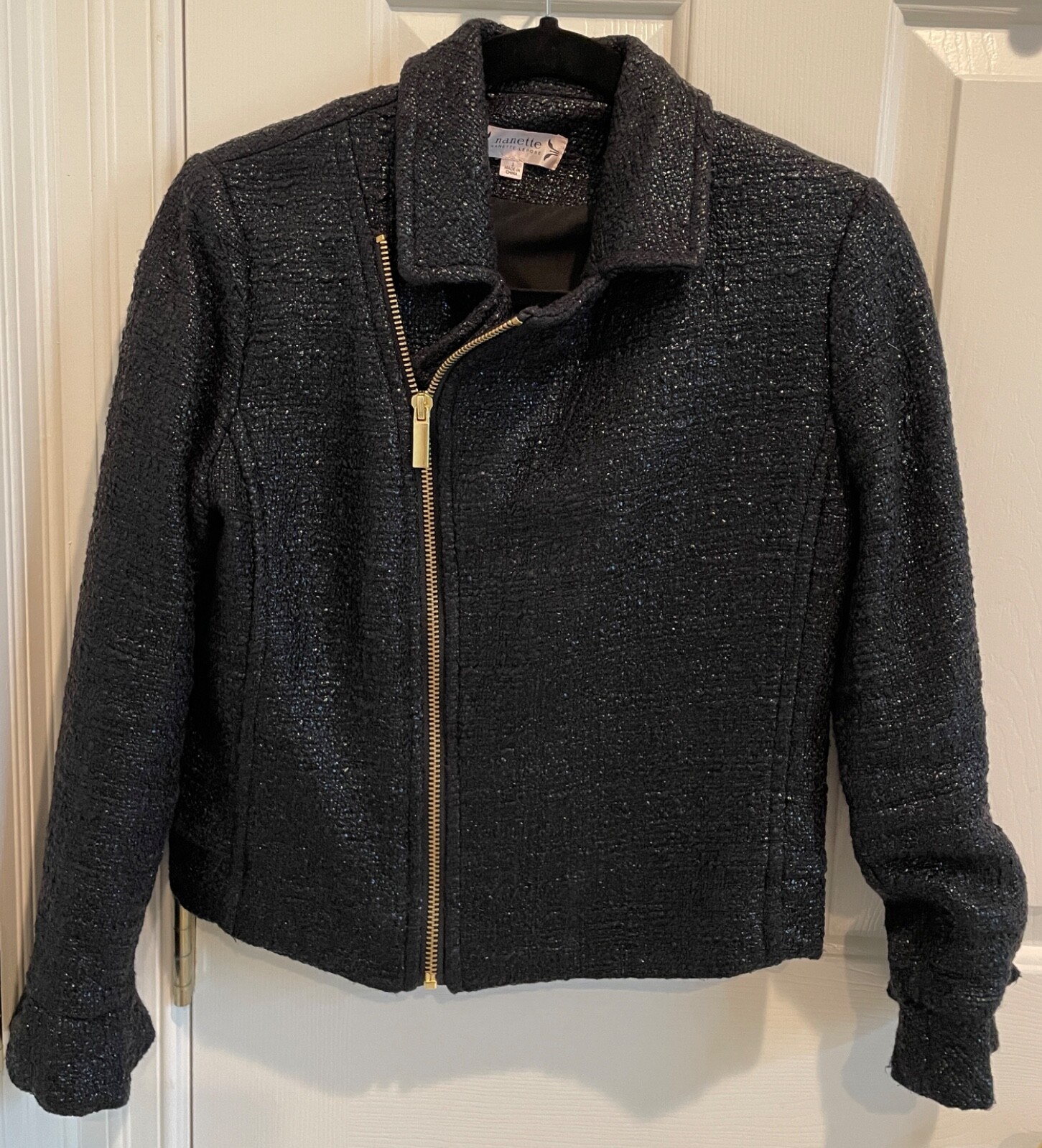 Nanette LePore Coated Tweed Moto Jacket. Shimmer Blac… - Gem