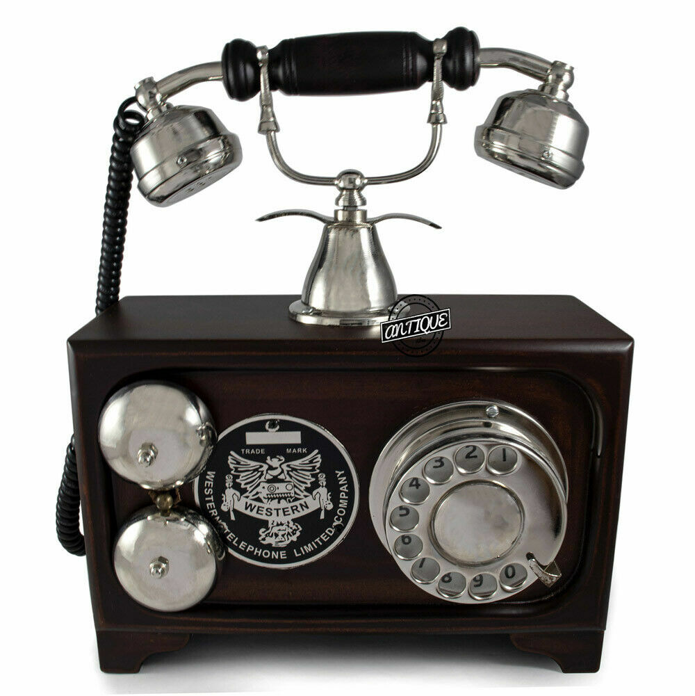 Vintage Old Fashion Rotary Dial Phones Tabletop Wooden Antique Chrome ...