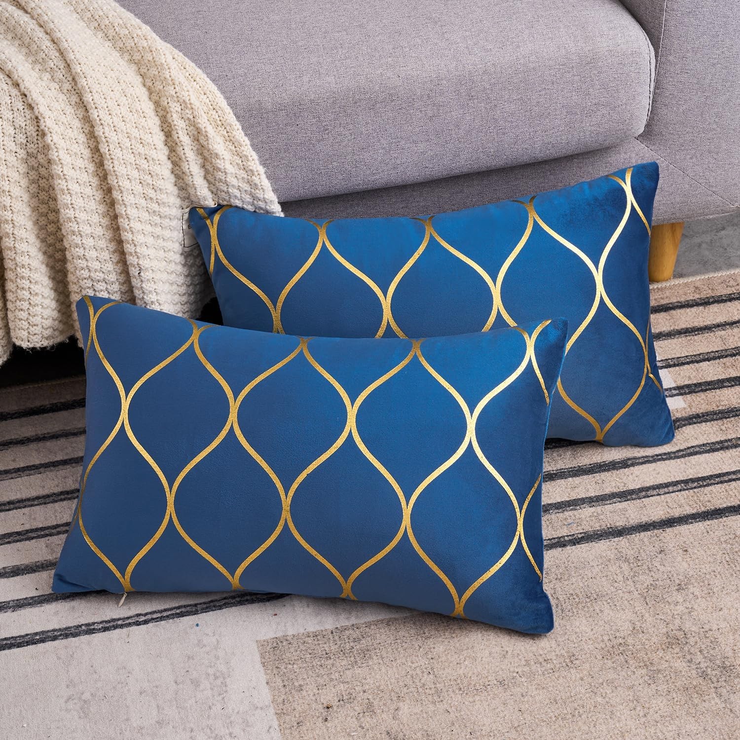 Navy Blue Velvet Cushion Covers 30 x 50 Set of 2 Luxury Golden ...