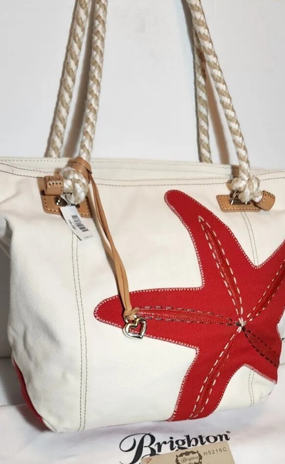 BRIGHTON RARE RED & WHITE STARFISH HARBOR TOTE NAUTICAL SHOULDER BEACH ...