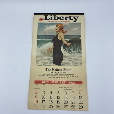 Calendar 1927 Liberty Morse Jenkins Hollow Finch 1927 Dates Are The ...