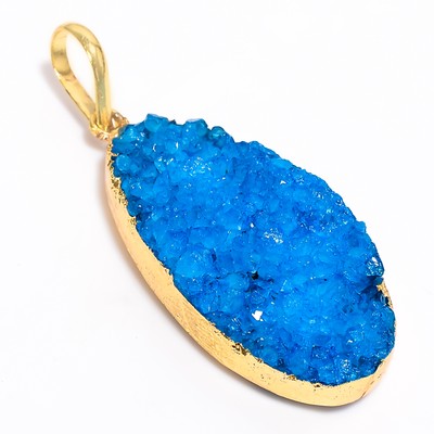 Sky Blue Druzy Gemstone Ethnic Handmade .925 Gold Plated Pendant 2" GSR ...