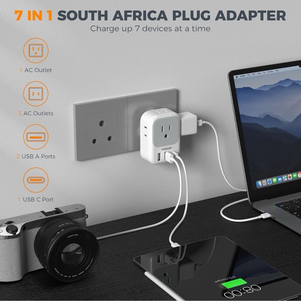 South Africa Plug Adapter 2 Pack, Type M Power Adapter with 4 AC Outlet ...