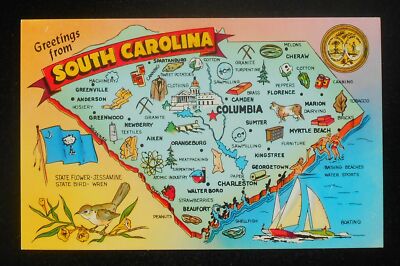 1960s State Map of South Carolina Landmarks Icons Flower Bird SC ...