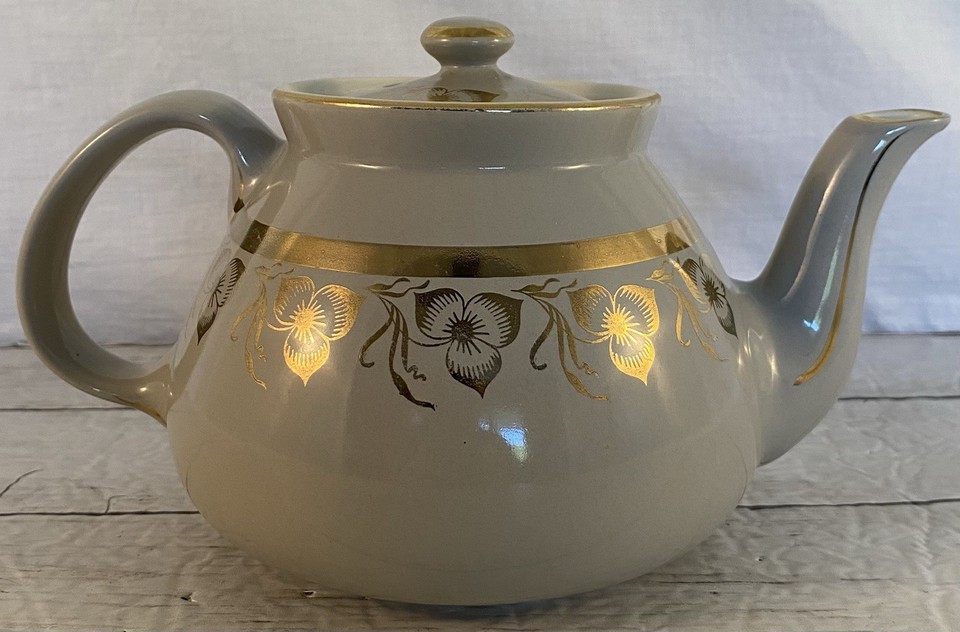 Vintage Hall Tea Pot Grey Colored With Gold Flowers And Trim 8 Cup | eBay
