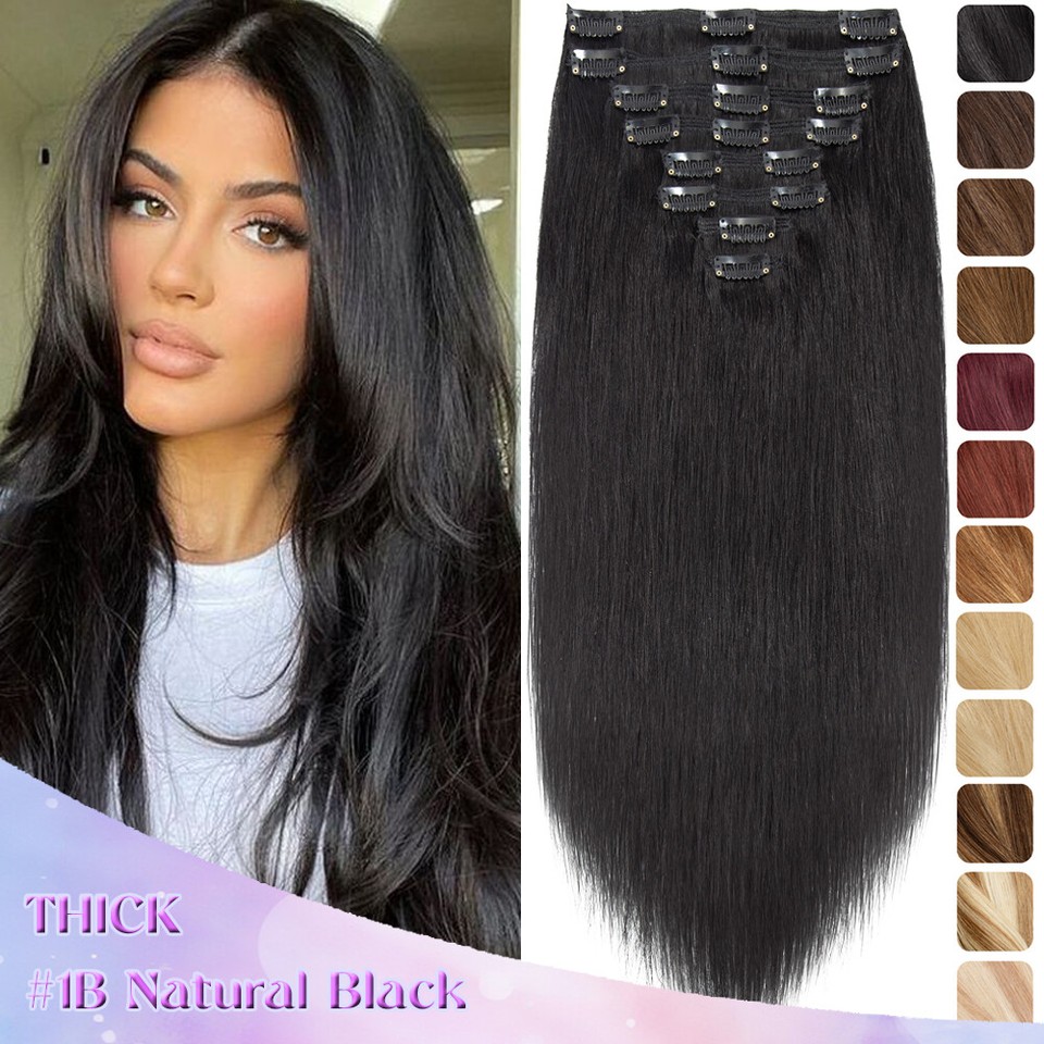 Russian THICK Clip In 100% Real Remy Human Hair Extensions Full Head ...