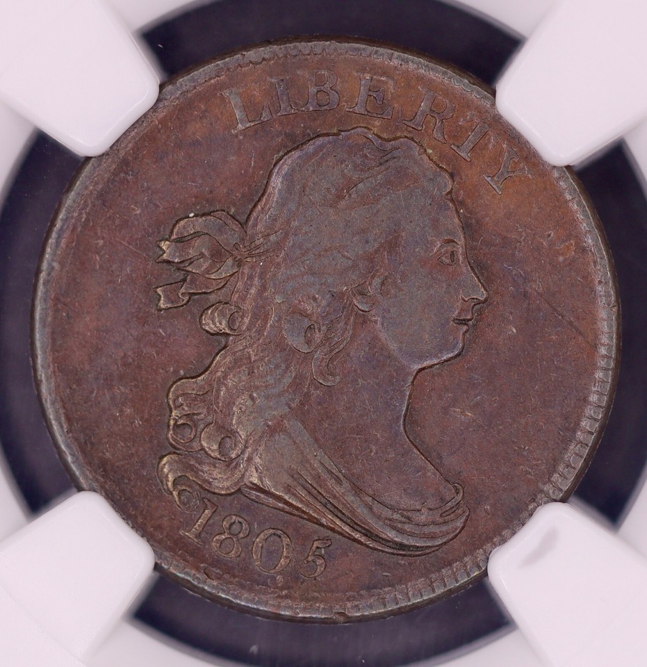 1805 Draped Bust Half Cent Small 5 No Stems C-1 NGC VF35 - Nice ...